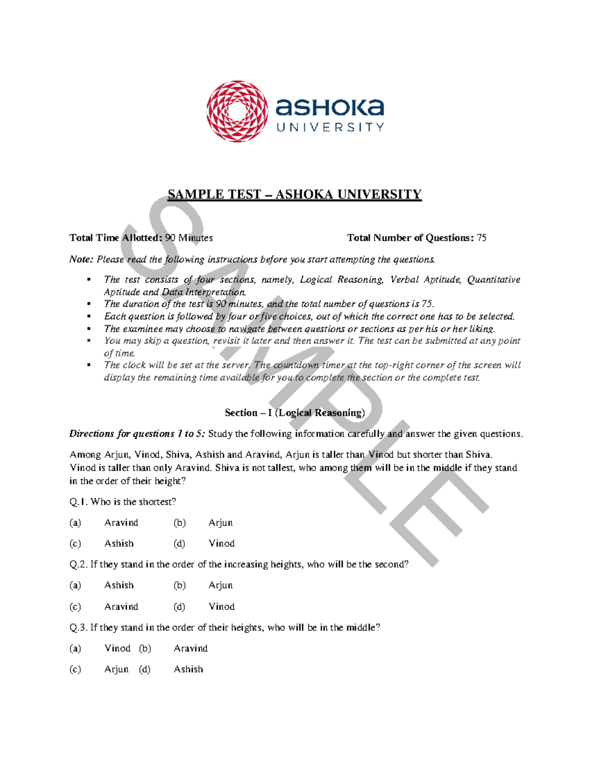 Ashoka University AAT Sample Test Paper - All Sections (75 Qs) - Studocu