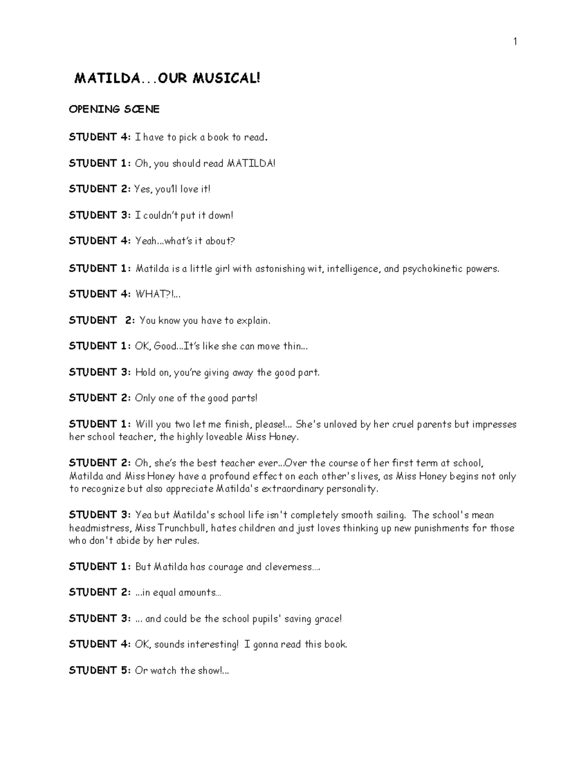 Matildascript - Matilda the Musical Script - MATILDA.. MUSICAL! OPENING ...