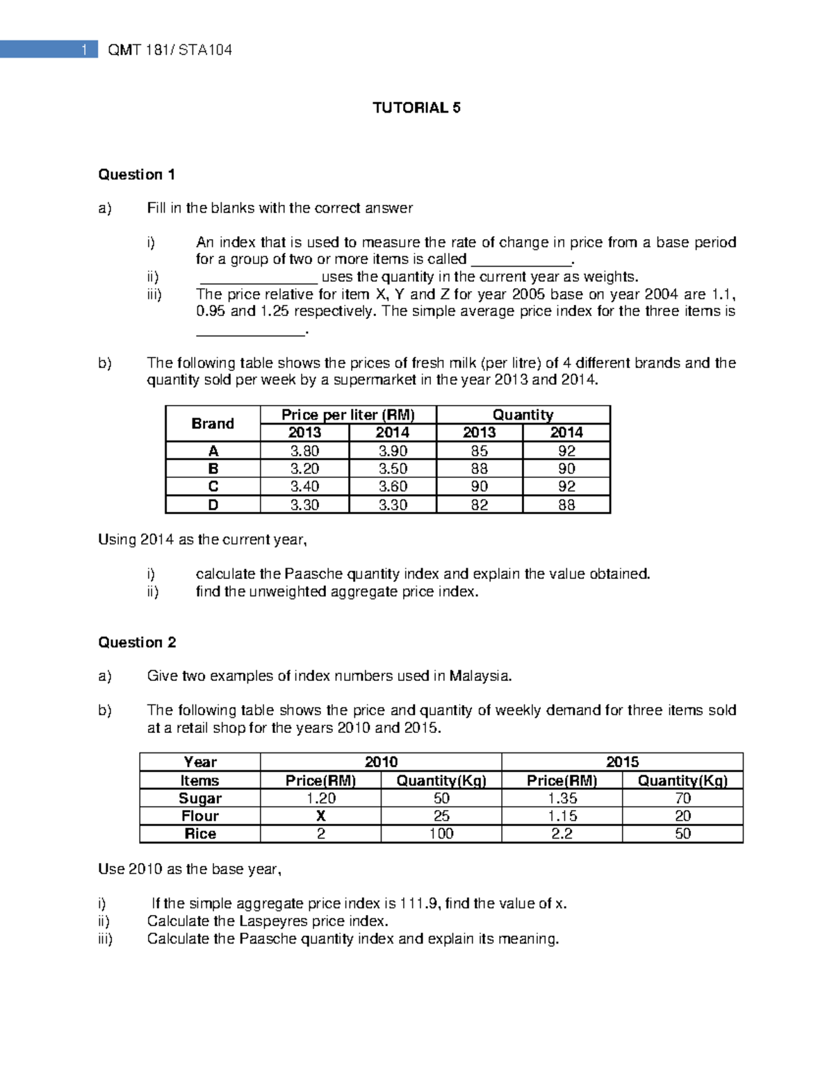 QMT STA104 Tutorial 5: Index Numbers & Price Analysis - Studocu