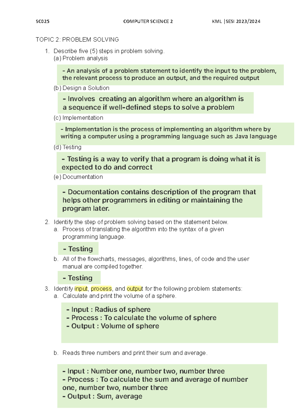 SC025 COMPUTER SCIENCE 2 KML TOPIC 2: STEPS IN PROBLEM SOLVING - Studocu