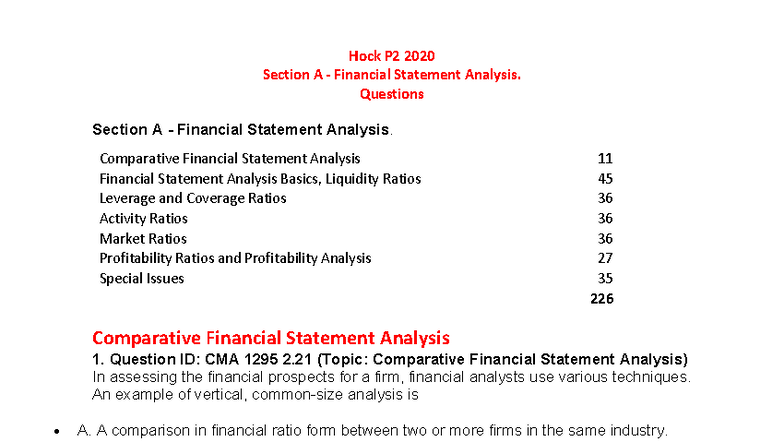 Hock P2 2020 Section A Financial Statement Analysis Questions for CMA ...