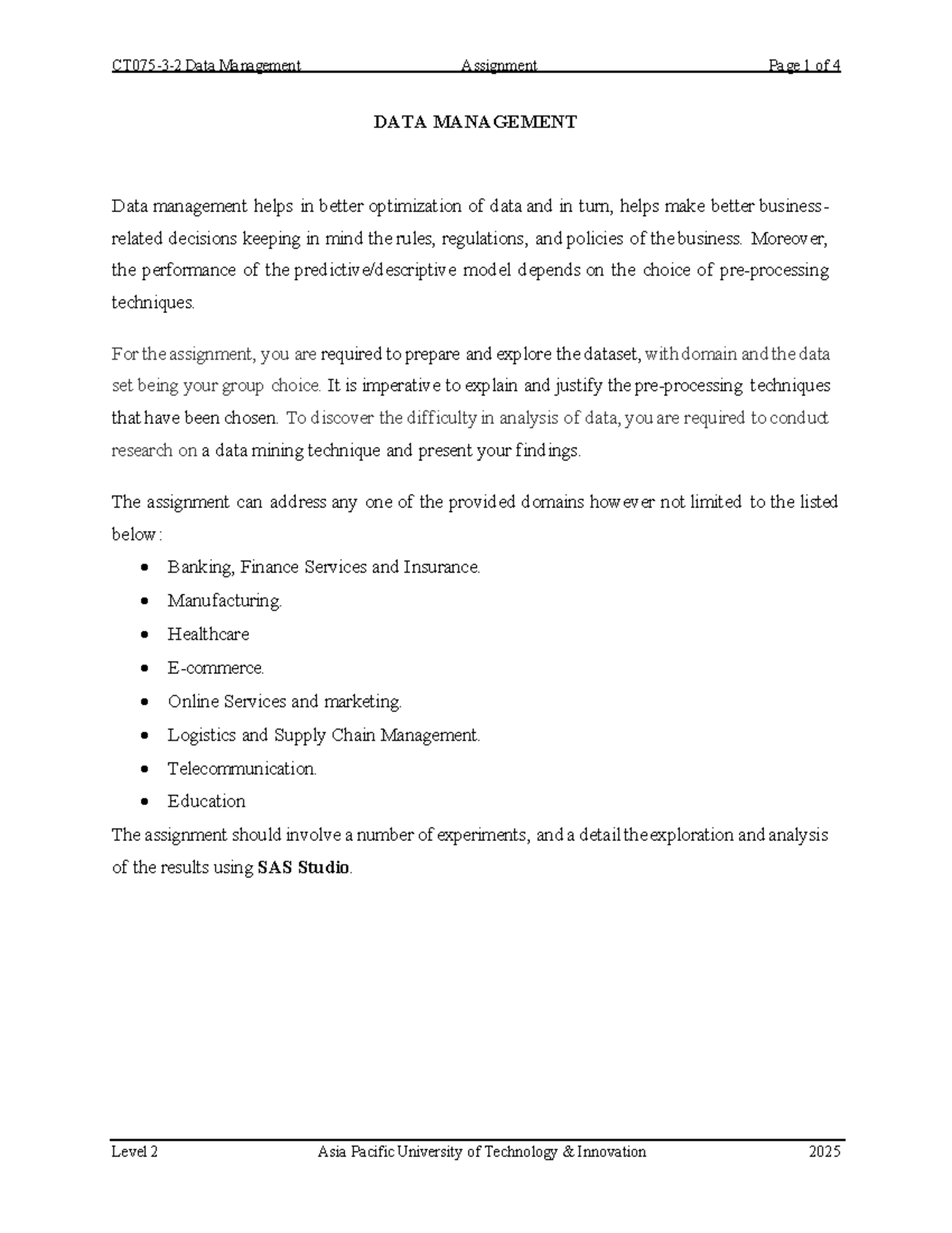 Data Management Assignment (Level 2) - Techniques & Analysis - Studocu