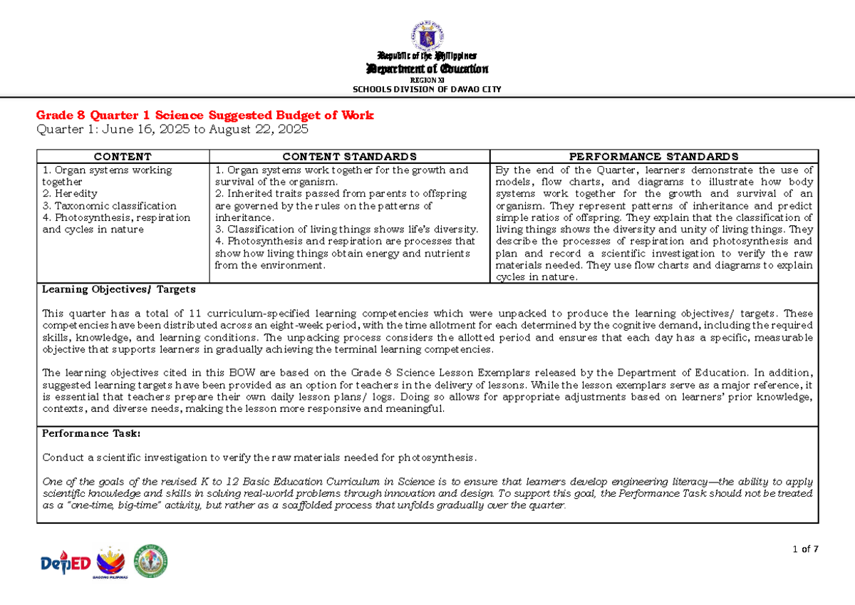 G8 Science BOW: Quarter 1 Suggested Budget of Work (June-August 2025 ...