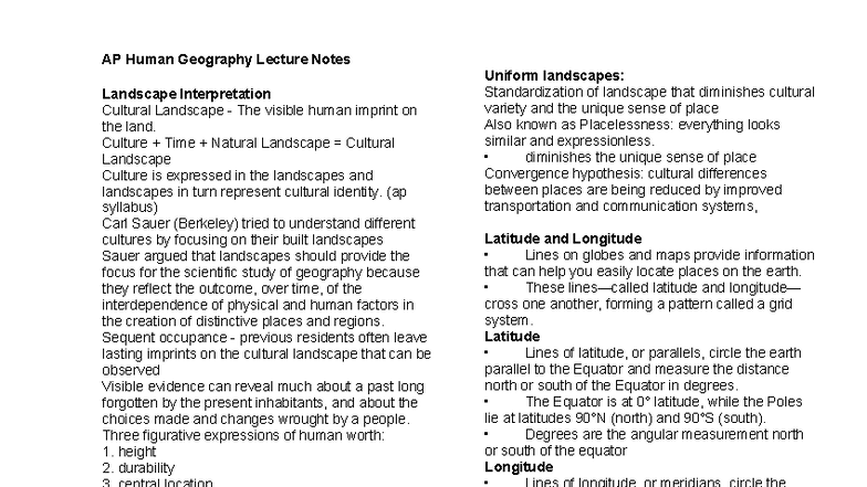 AP Human Geography Lecture Notes: Cultural Landscape & Interpretation ...