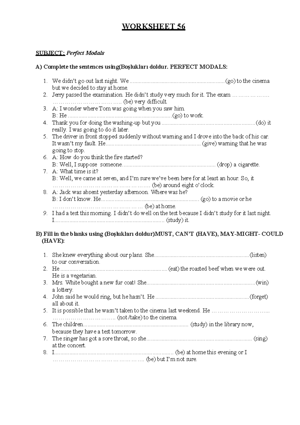 Modals Worksheet 56: Perfect Modals Practice - Studocu