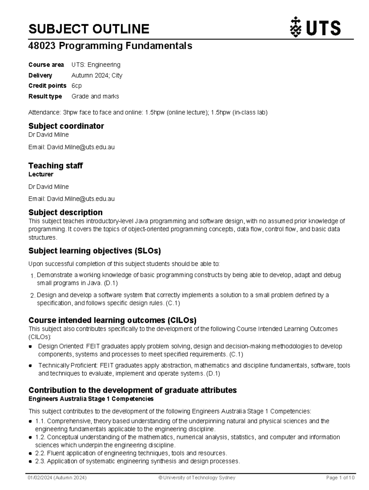 48023 Programming Fundamentals Subject Outline - Autumn 2024 - Studocu