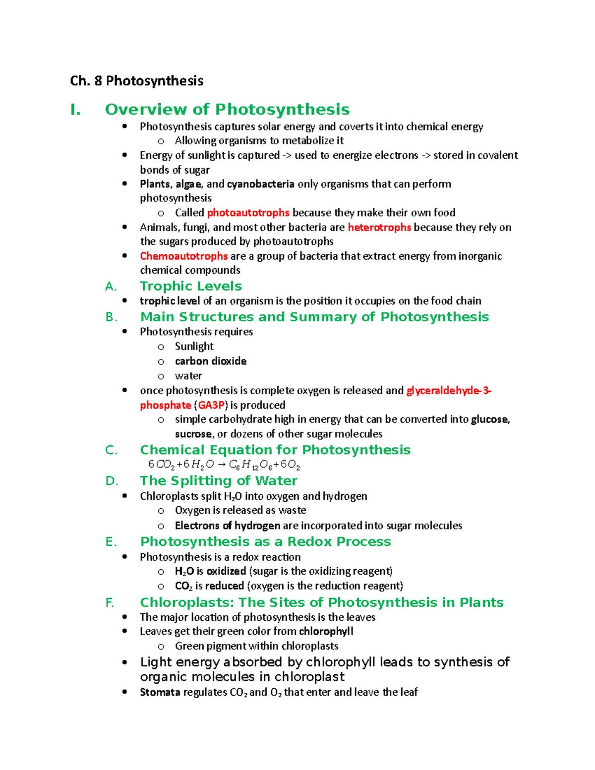 Ch. 8 Photosynthesis - Lecture notes 8 - Ch. 8 Photosynthesis I ...