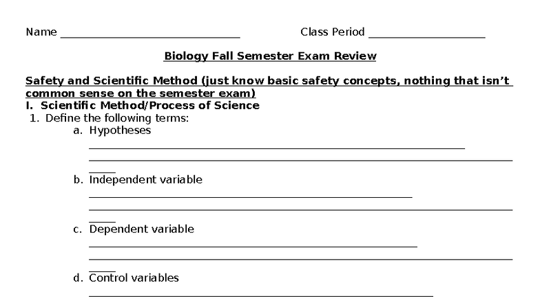 Biology 101: Fall Semester Exam Review 2025 - Safety & Scientific ...
