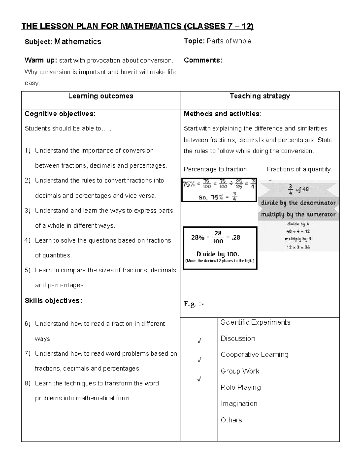 Mathematics Lesson Plan: Understanding Parts of a Whole (Classes 7-12 ...