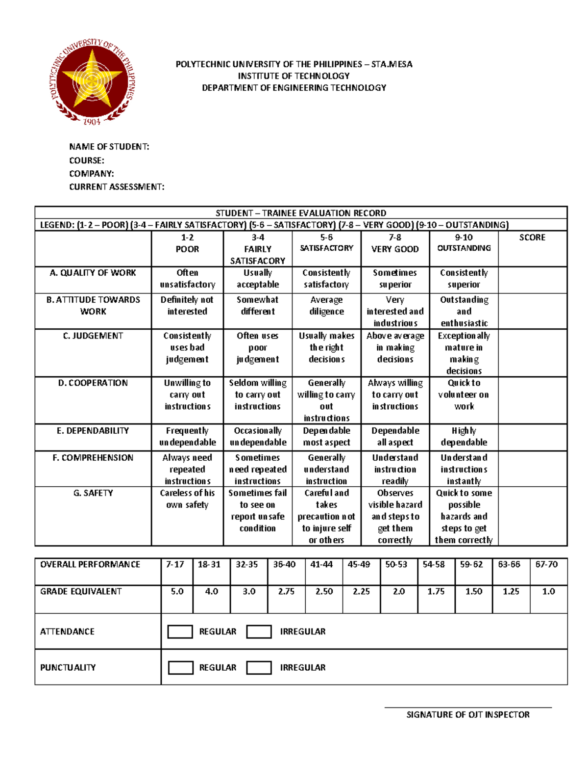 OJT- Grading Sheet for Engineering Technology Assessment - Studocu