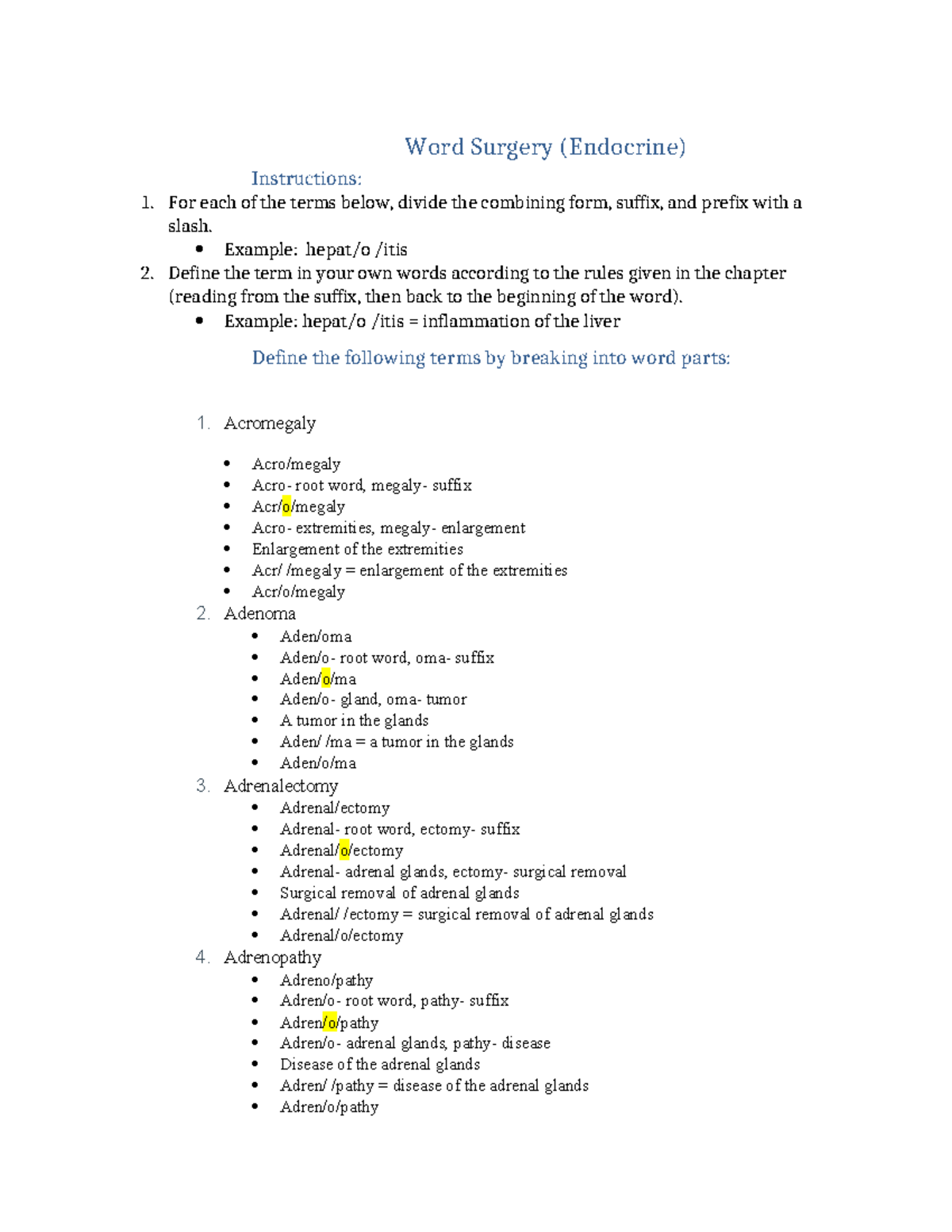Endocrine Word Surgery: Breakdown and Definitions of Terms - Studocu