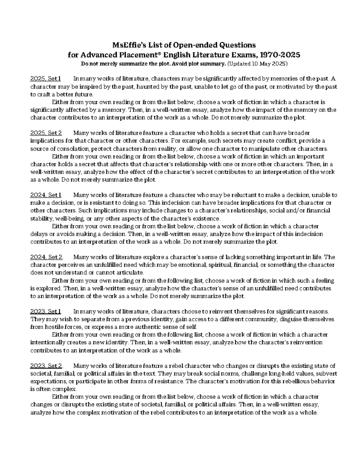 AP Lit Open Prompts: Exam Questions & Analysis (2025-1980) - Studocu