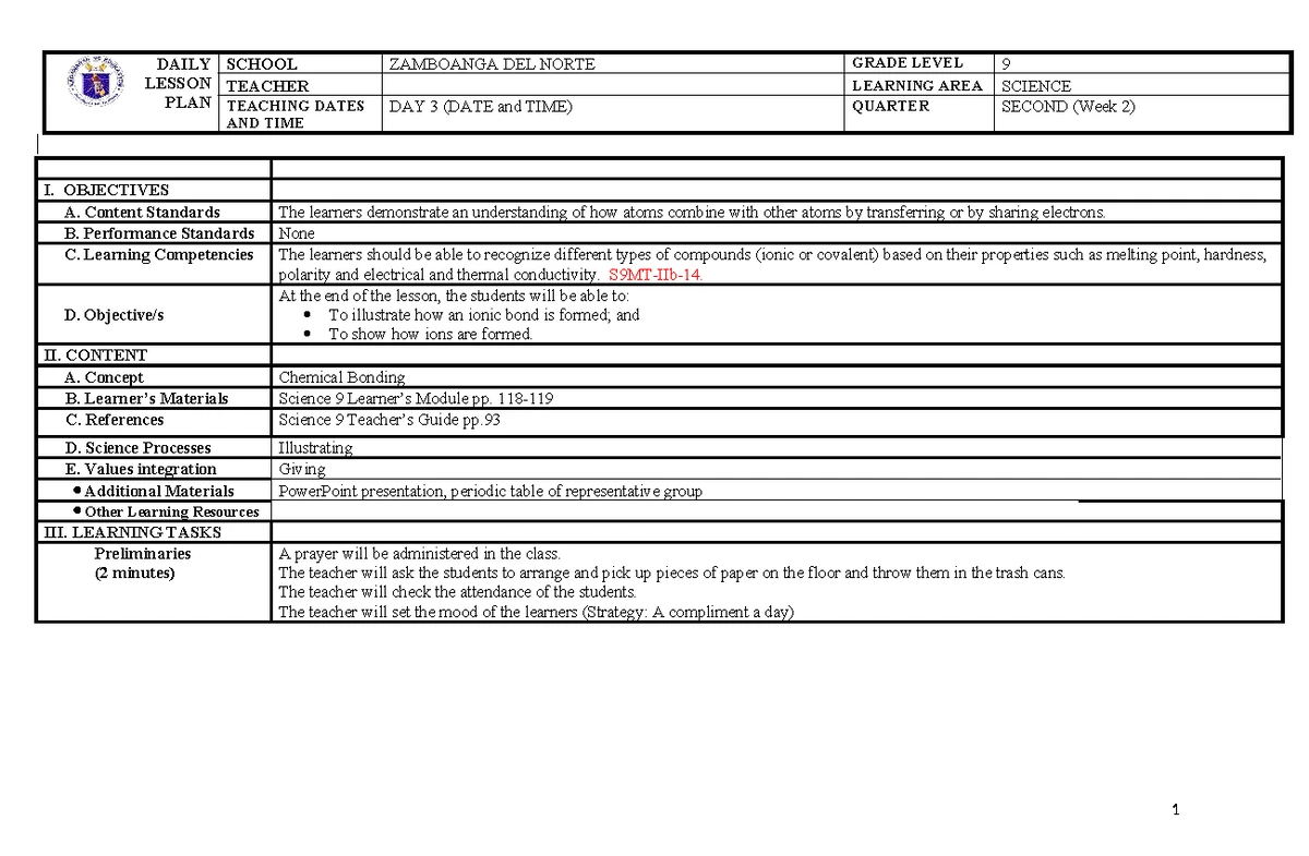 Sci 9 Q2 Week 2 Day 4 Lesson Plan: Understanding Covalent Bonds - Studocu