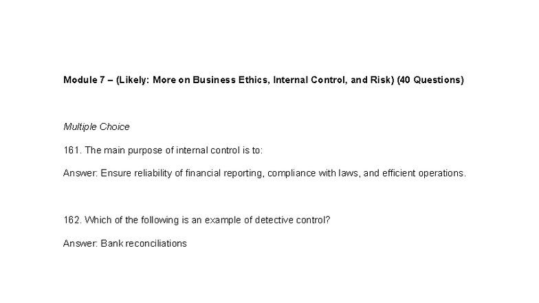 Module 7: Business Ethics, Internal Control & Risk (40 MCQs) - Studocu