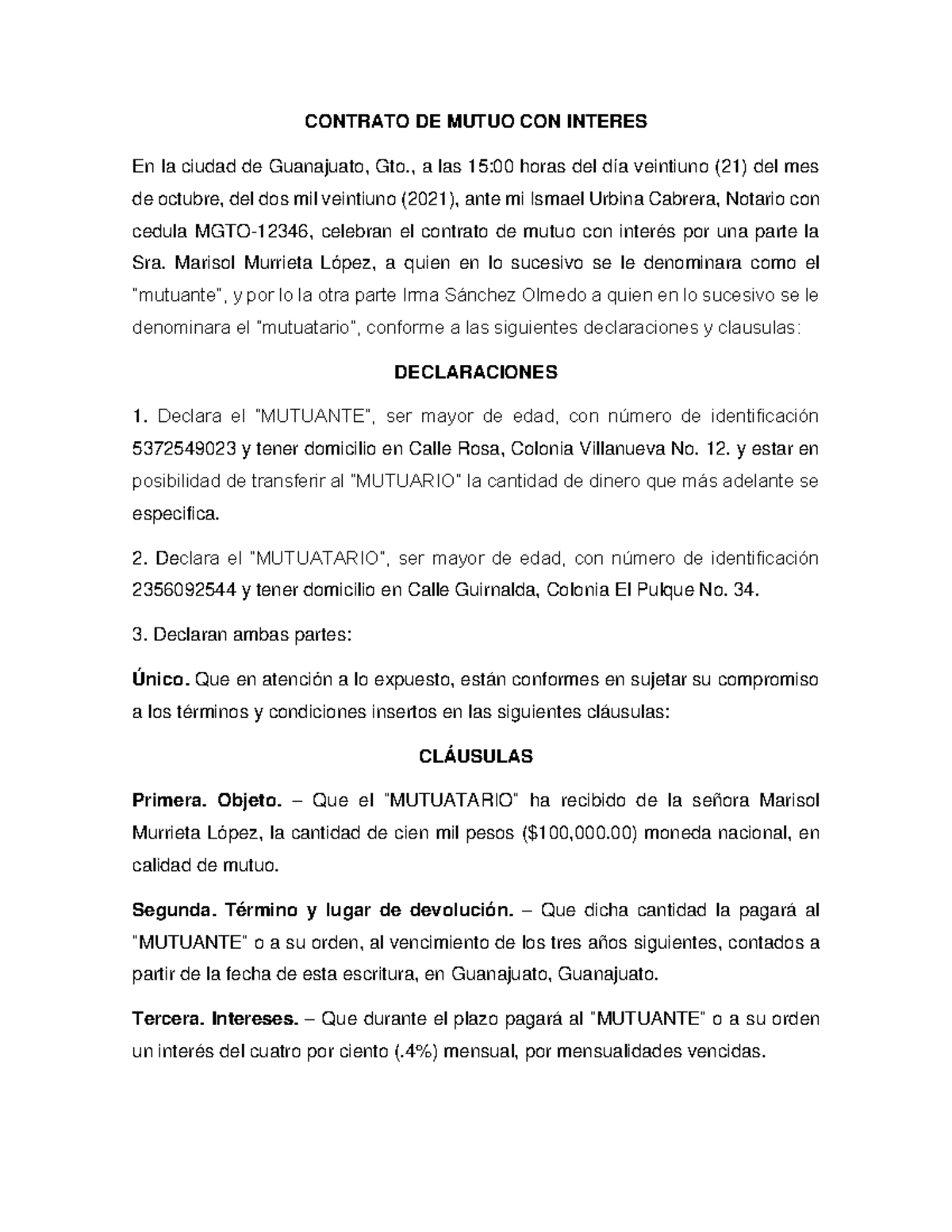Contrato de Mutuo con Interés - Guanajuato, 21 de Octubre 2021 - Studocu