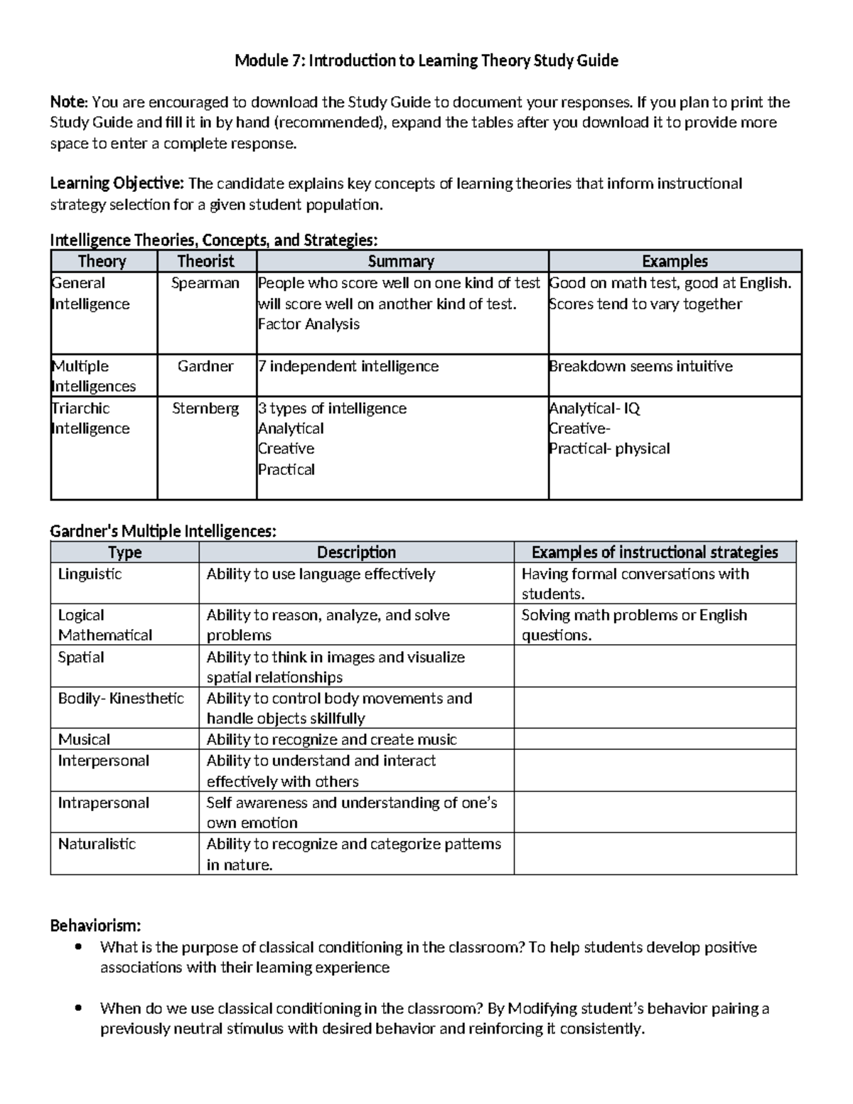 Module 7 Introduction to Learning Theory Study Guide - If you plan to ...