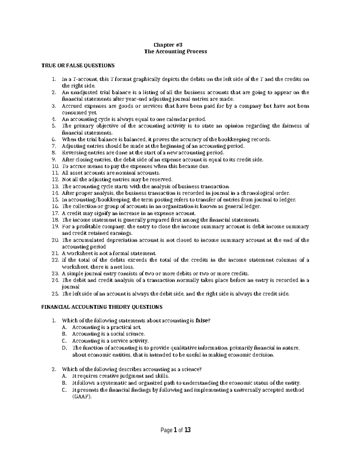 Chapter 1: True or False Questions on The Accounting Process - Studocu