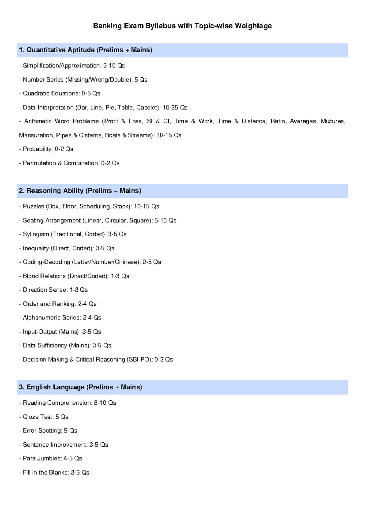 Banking Exam Syllabus & Weightage: Quant, Reasoning, English - Studocu