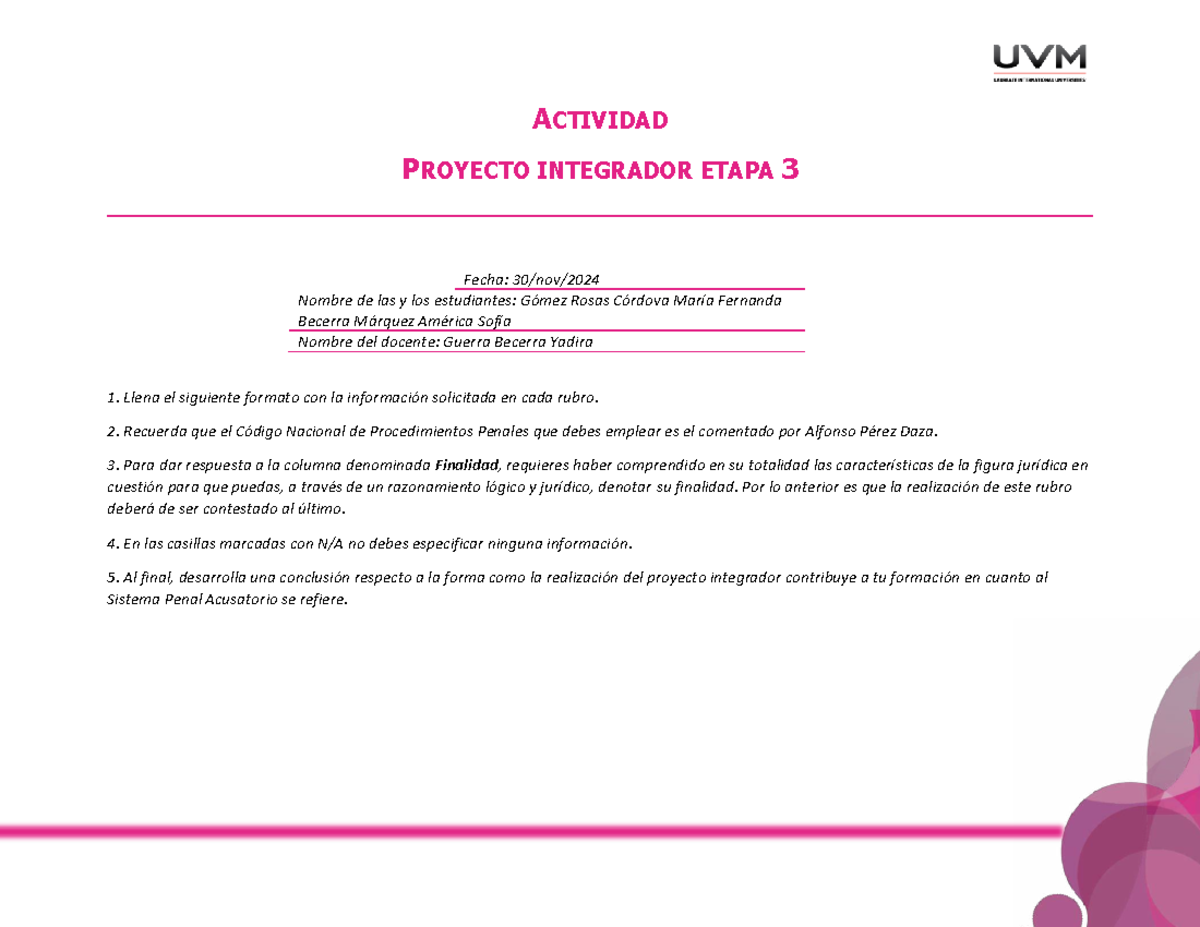 A7 ASBM - Actividad 7: Proyecto Integrador en Derecho Procesal Penal - Studocu