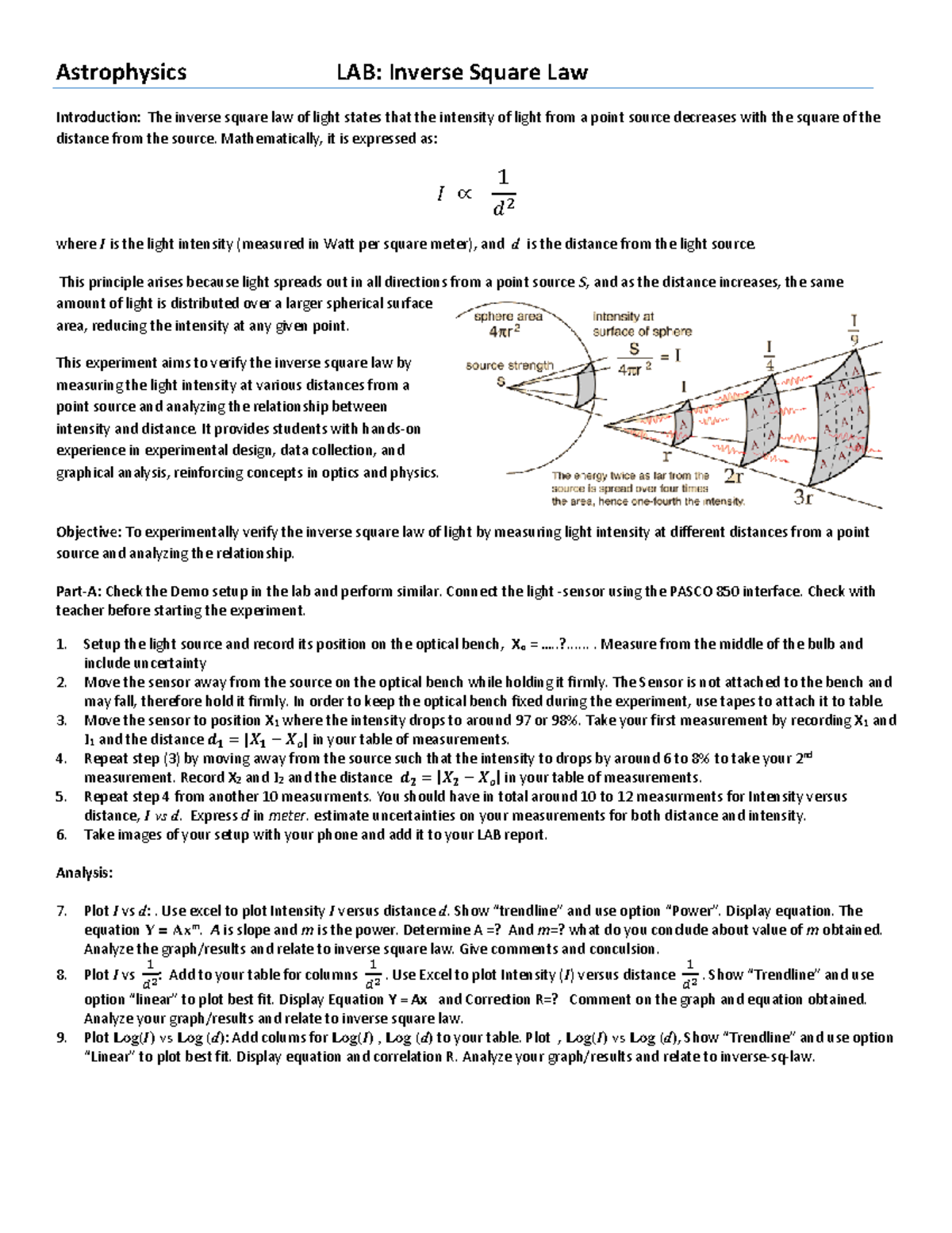 LAB: Inverse Square Law Experiment Guidelines for Physics - Studocu