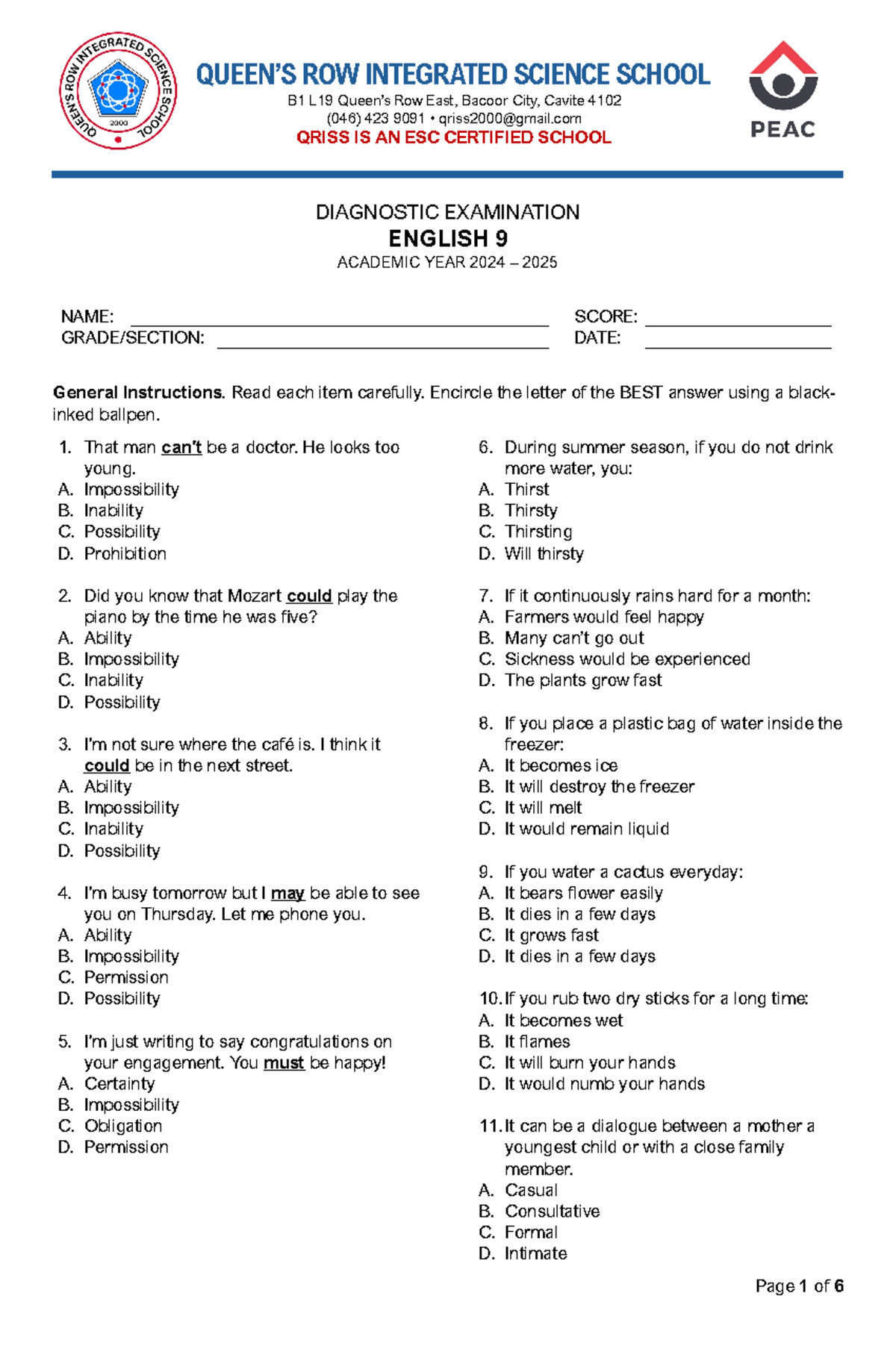English 9 Diagnostic - QUEEN’S ROW INTEGRATED SCIENCE SCHOOL B1 L19 ...