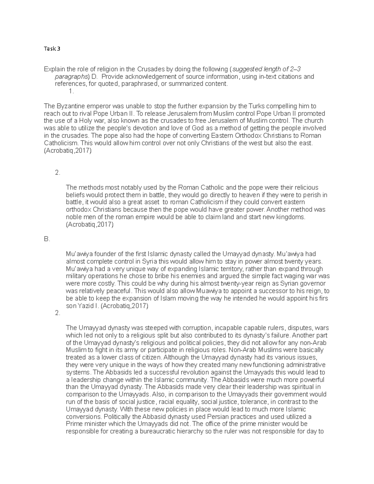 C375 Task 3: Role of Religion in Crusades and Umayyad Dynasty - Studocu