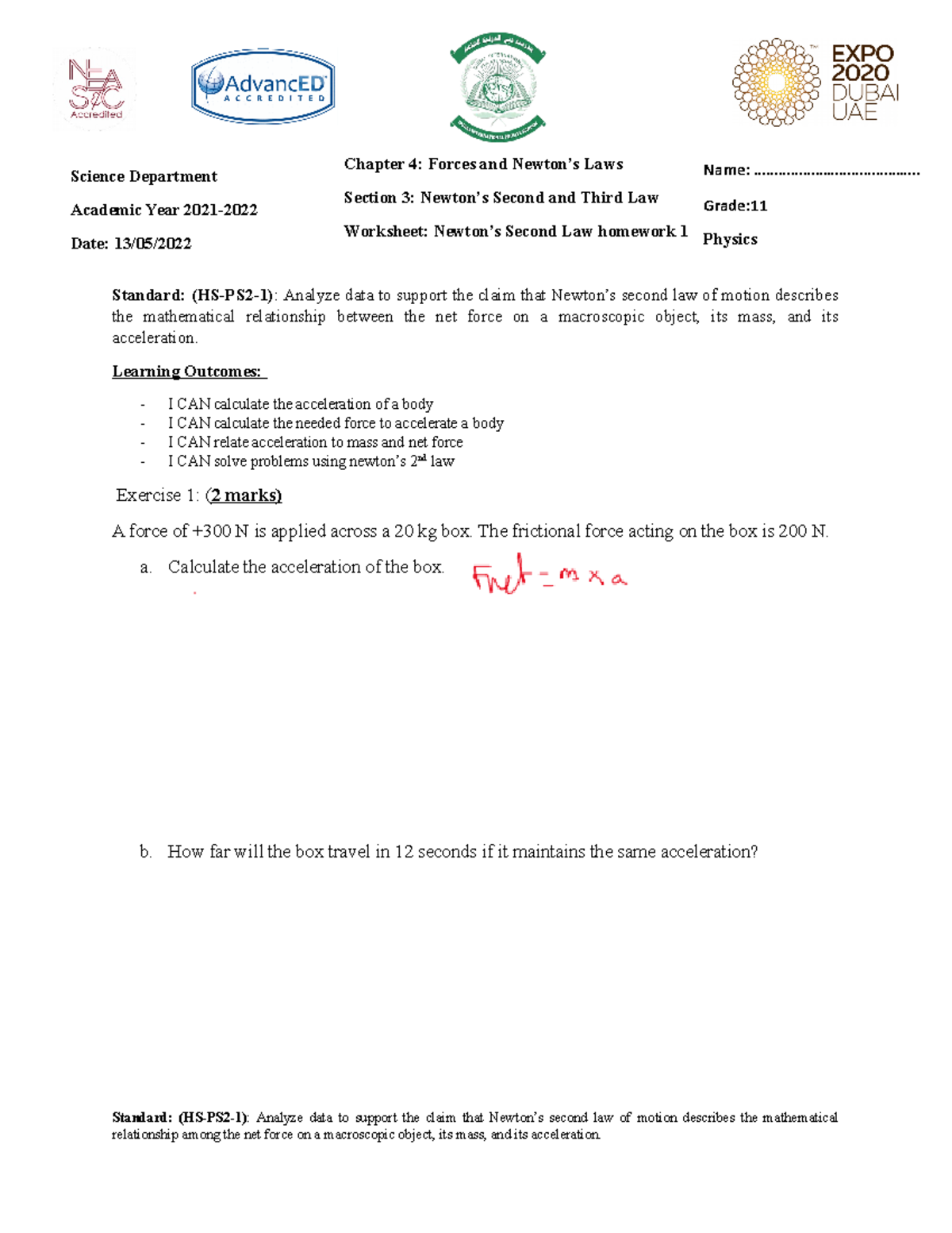 Newton's Second Law Homework 1 - Physics HS-PS2-1 Activities - Studocu