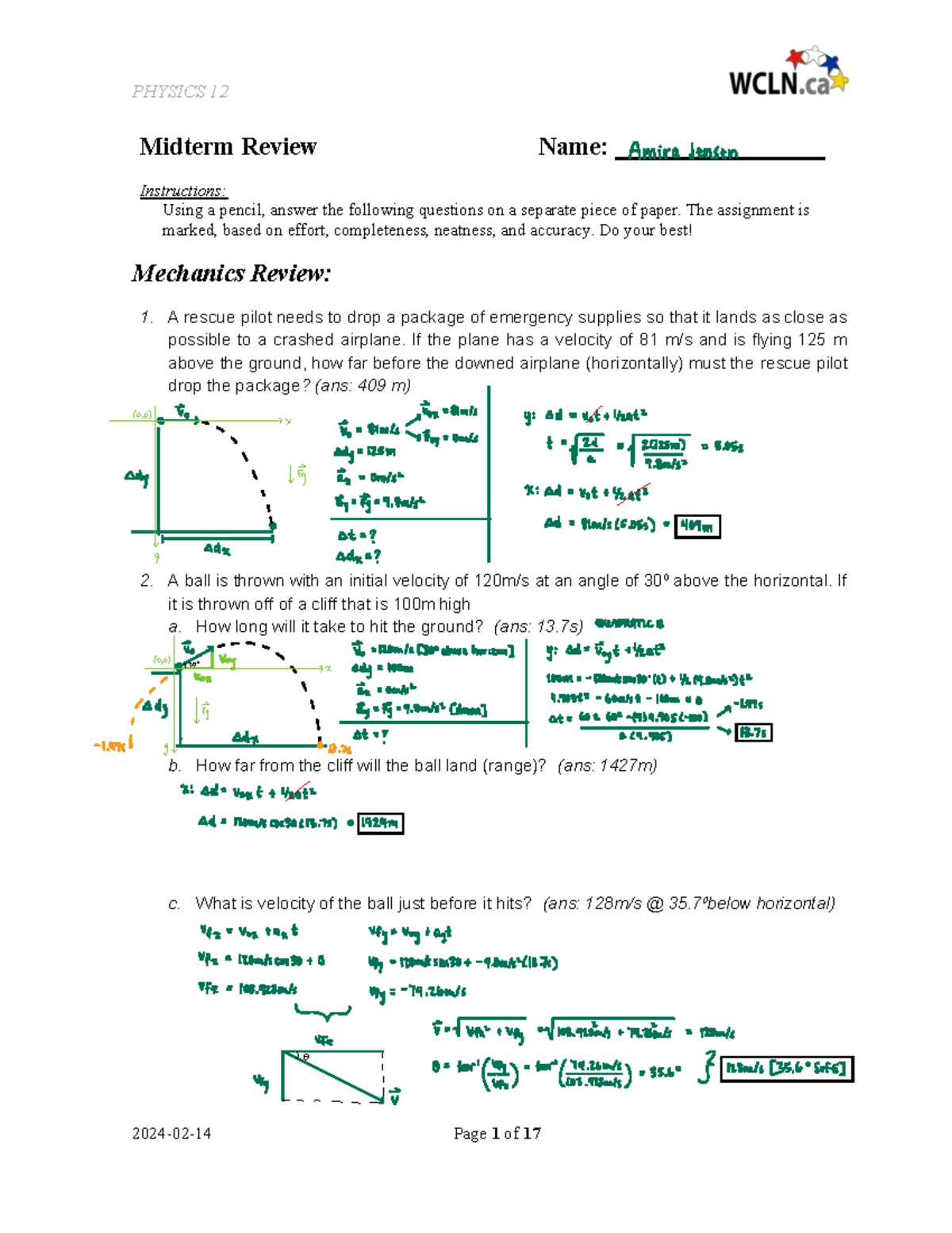 PHYSICS 12 Midterm Review: Key Concepts and Problem Solutions - Studocu