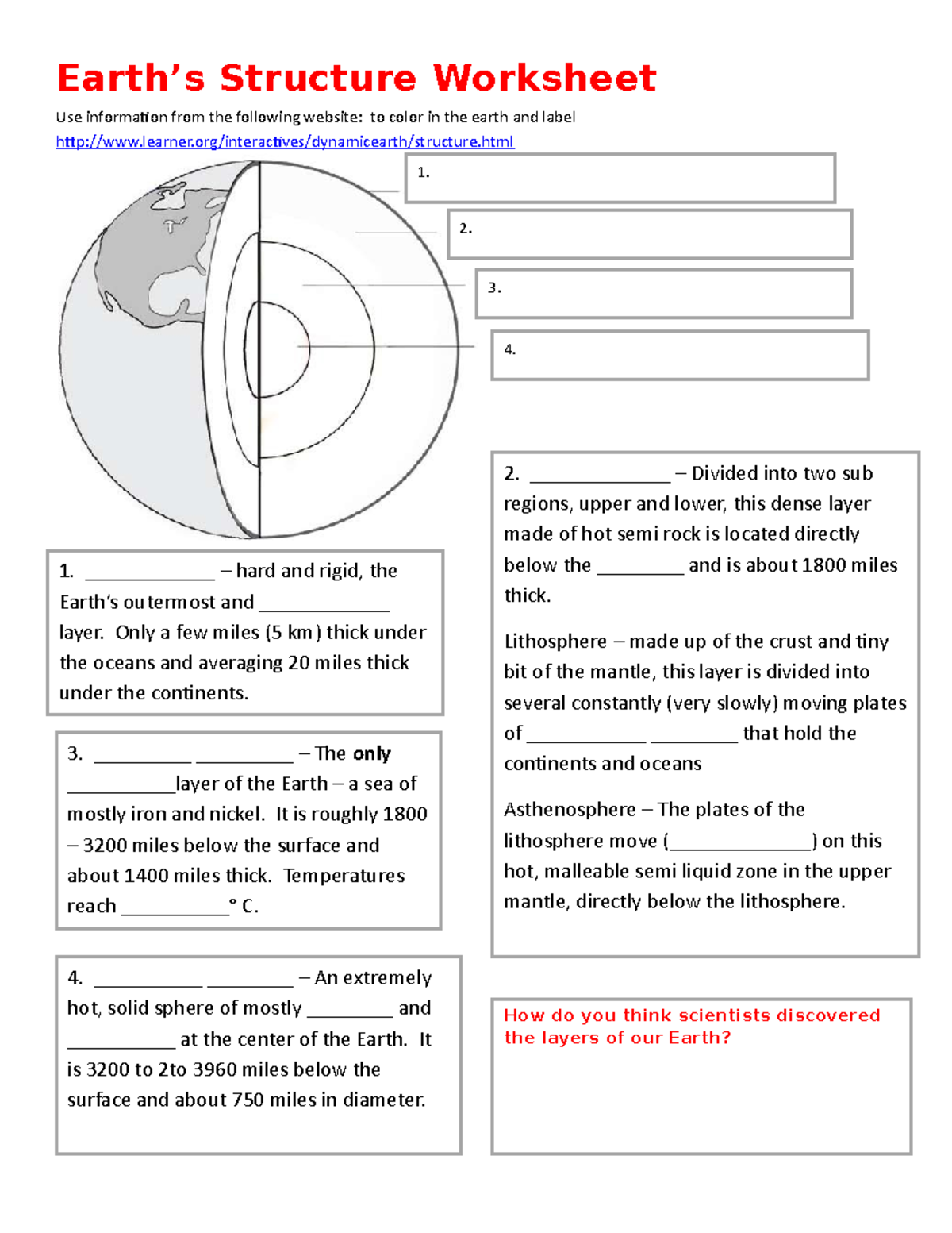Earth's Structure Worksheet: Labels & Facts on Layers - Studocu