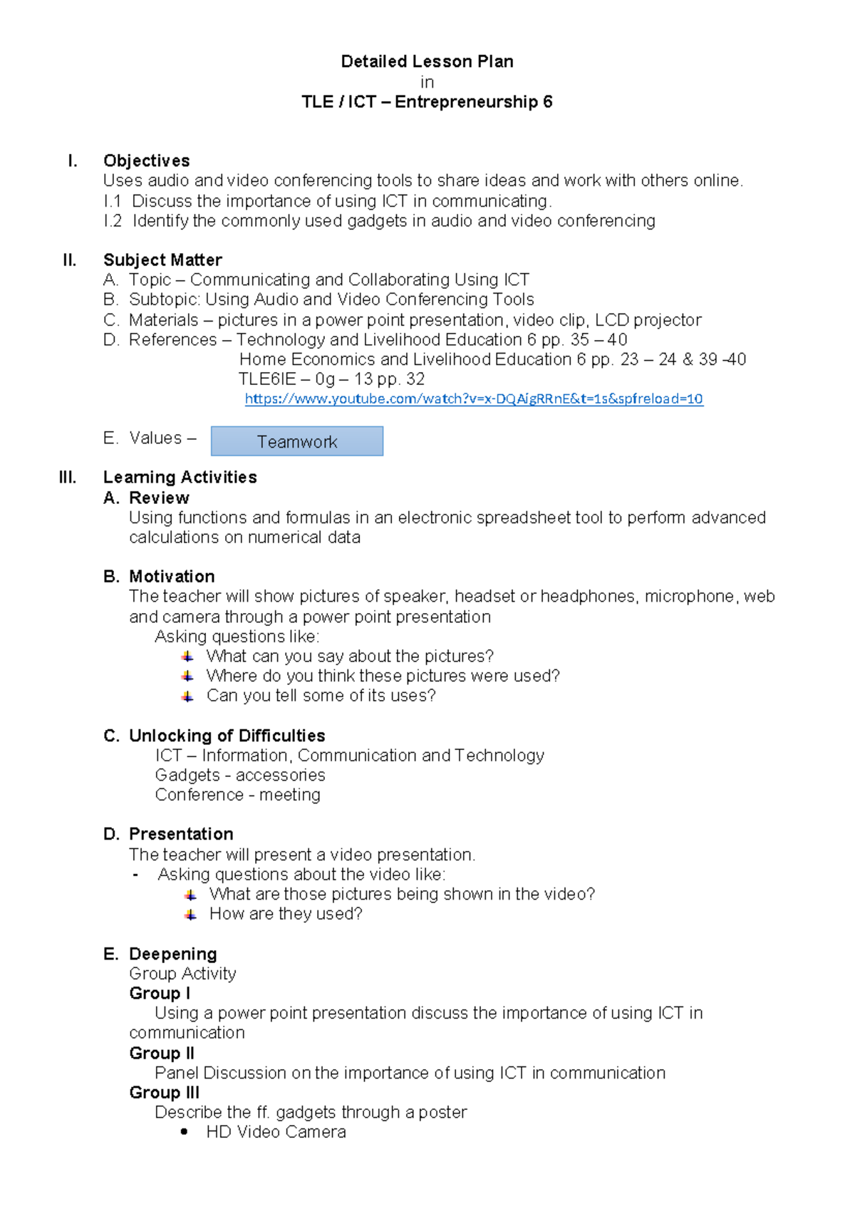 TLE / ICT - Entrepreneurship 6: Lesson Plan on Audio/Video Conferencing ...