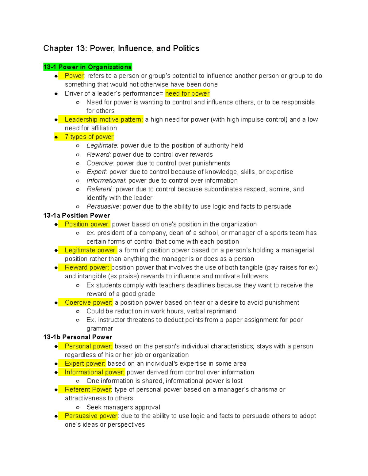 Chapter 13 Notes: Power, Influence, and Politics in Organizations - Studocu