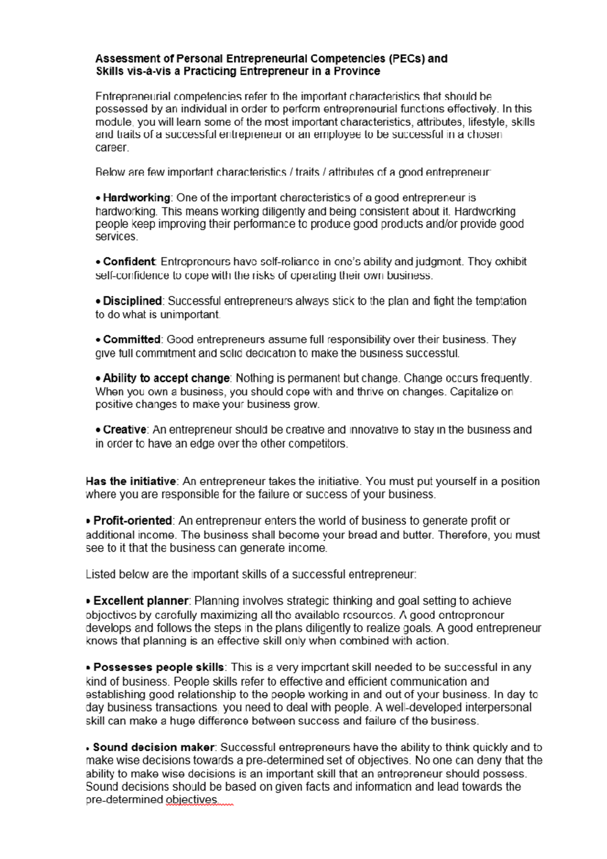 PECS - Grade 10 Personal Entrepreneurial Competencies Overview - Studocu