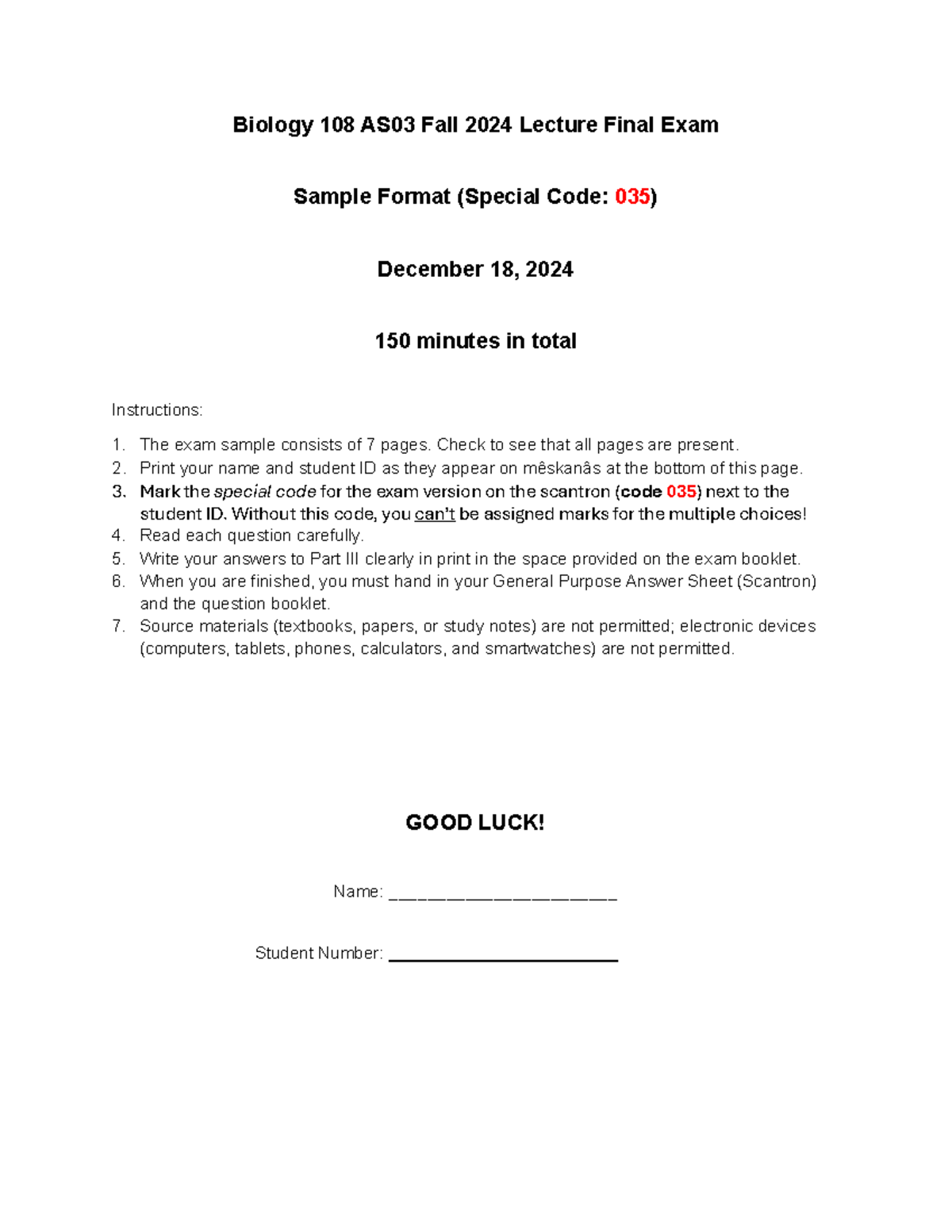 Sample format - Biology 108 AS03 Fall 2024 Lecture Final Exam Sample ...