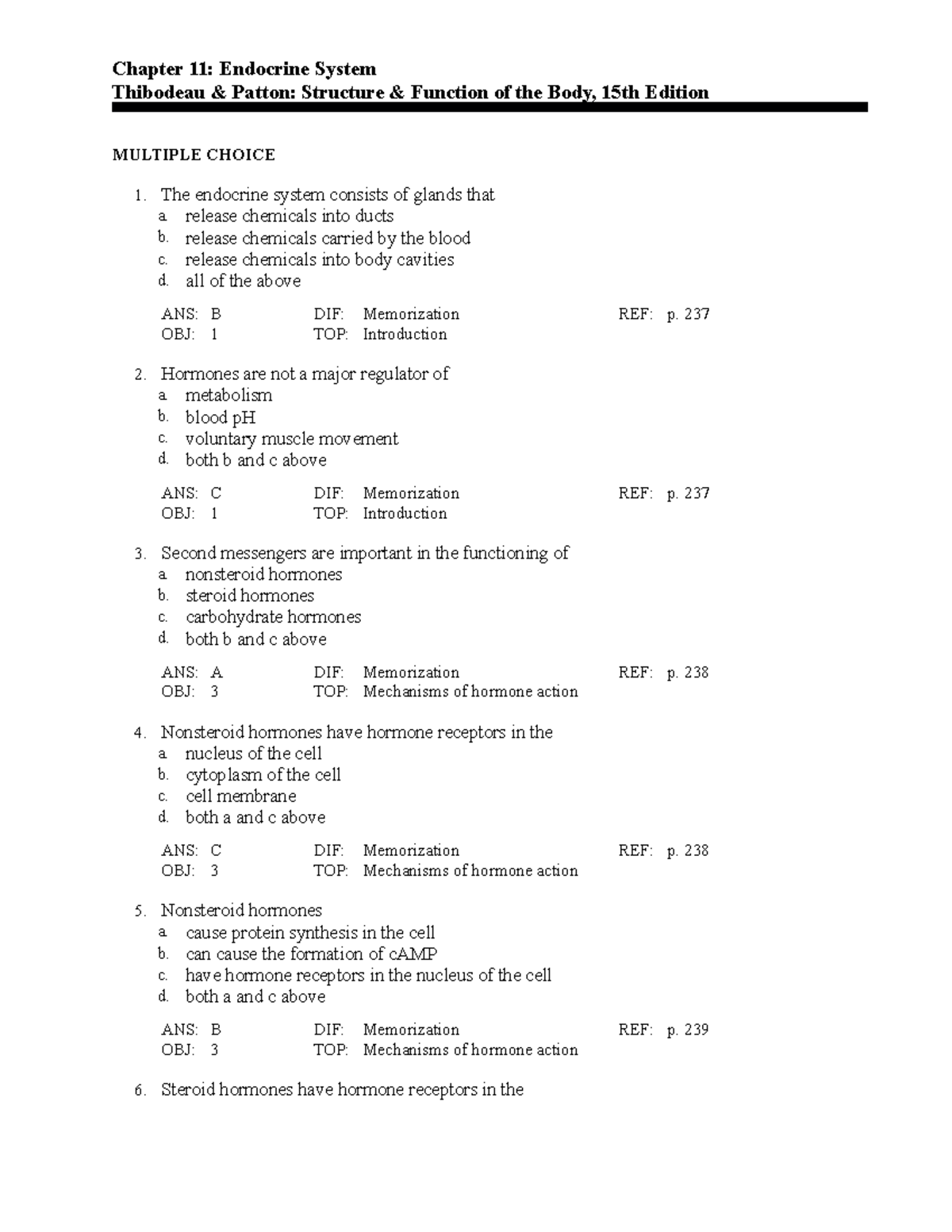 C11: Endocrine System Overview and Multiple Choice Questions - Studocu