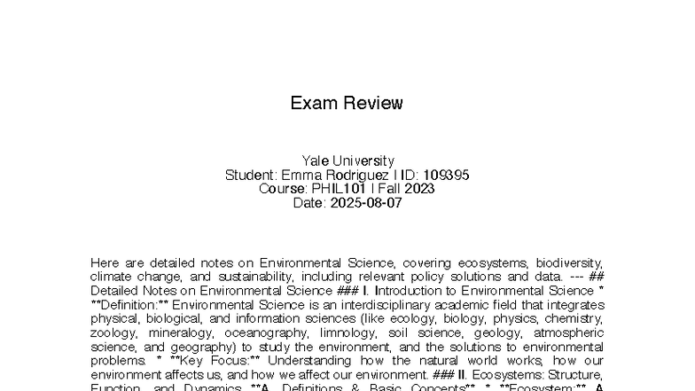 PHIL101 Fall 2023: Environmental Science Exam Review Notes - Studocu