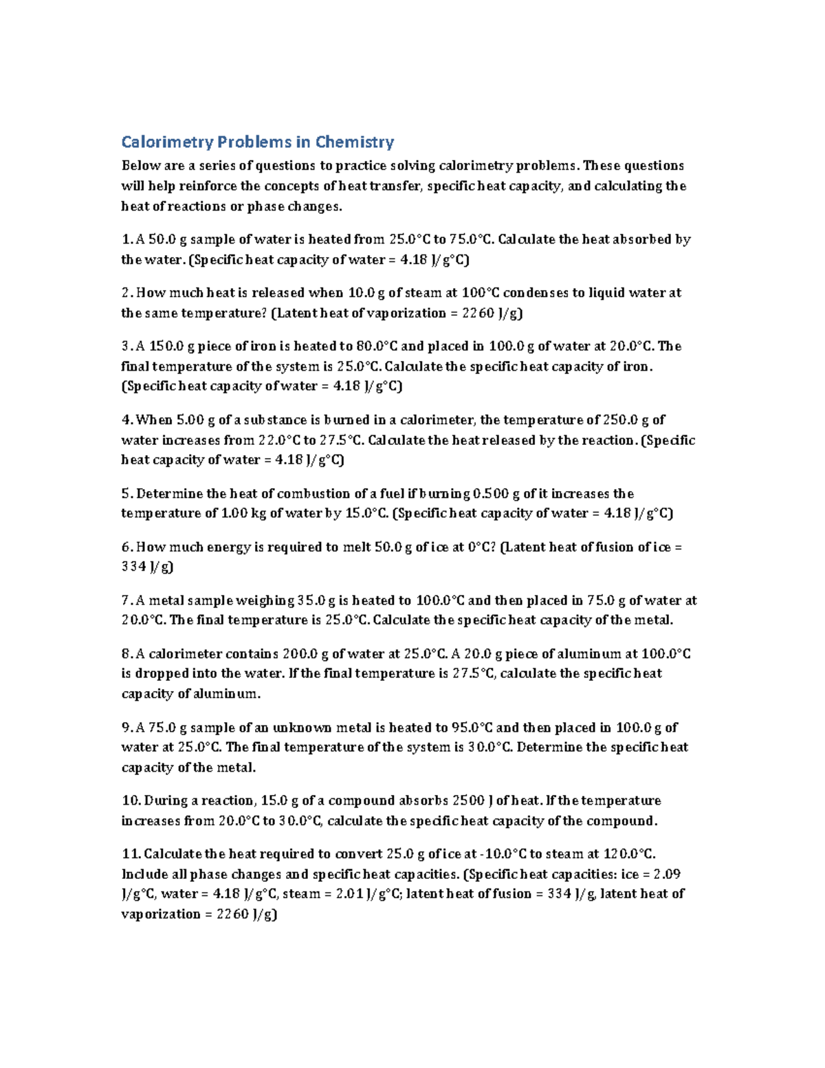 Calorimetry Problems: Practice Questions for Chemistry Concepts - Studocu