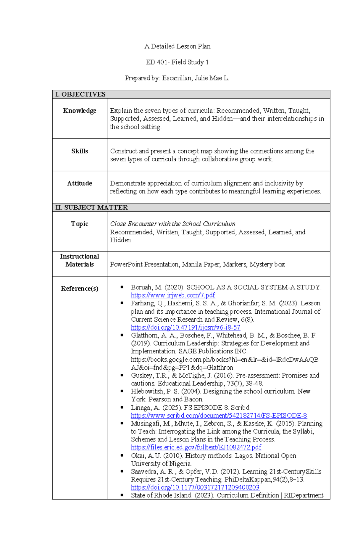ED Field Study 1: Lesson Plan on Types of Curriculum - Studocu