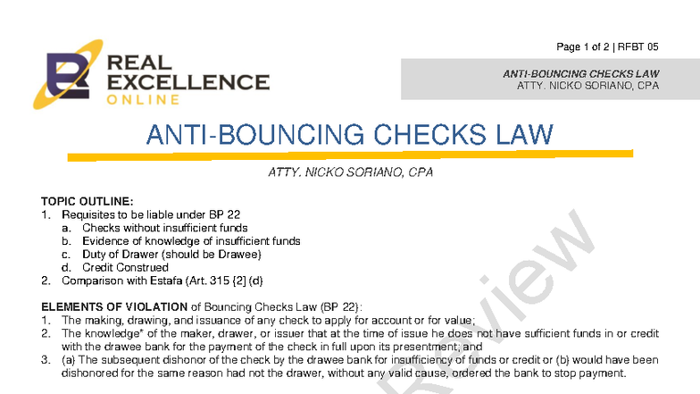 RFBT 05: Outline of Bouncing Checks Law by Atty. Nicko Soriano, CPA ...