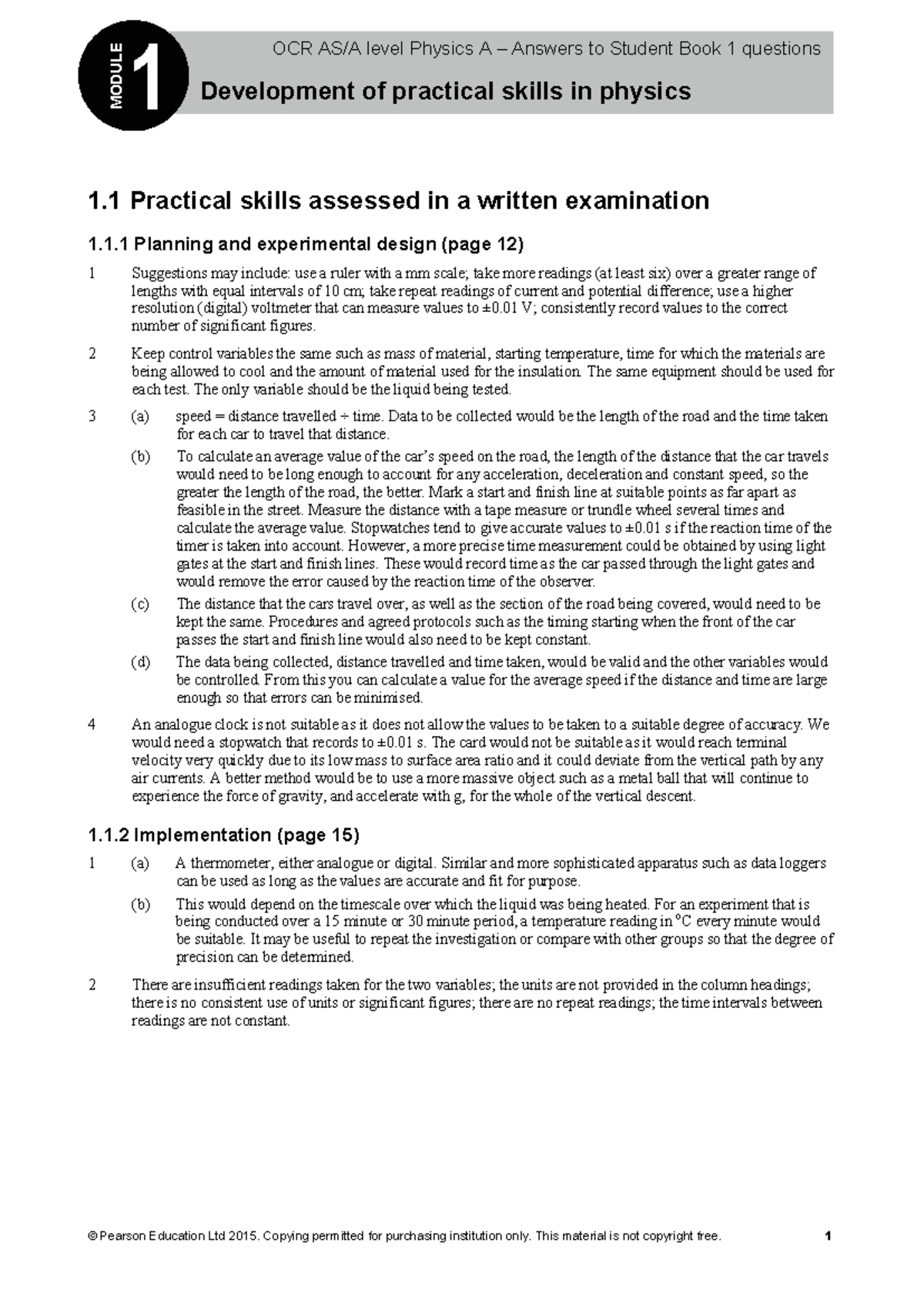 OCR AS A Level Physics Book 1: Practical Skills Answers & Analysis ...