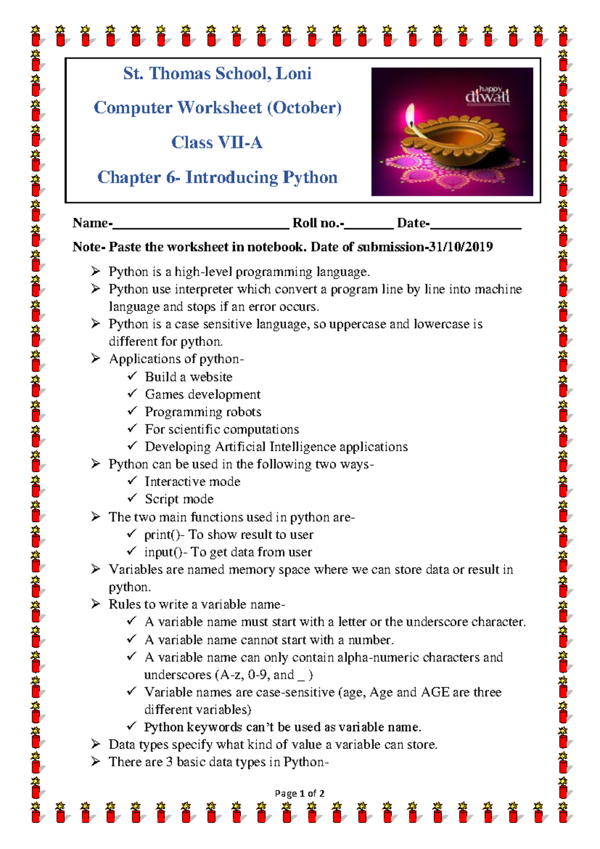 Computer Worksheet (Class 7) - Introduction to Python - Studocu