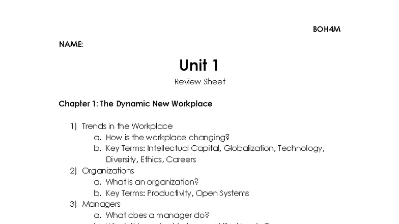 BOH4M - Unit 1 Review Sheet: The Dynamic Workplace & Management ...