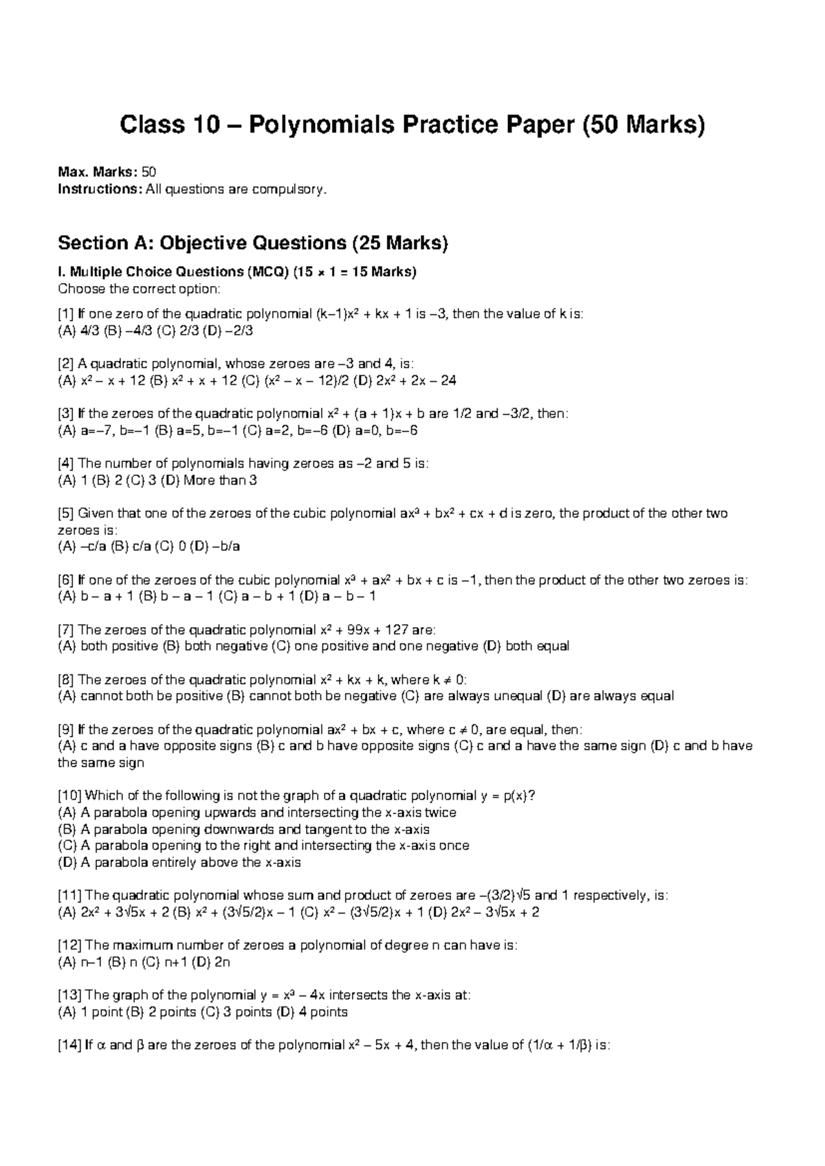 Class 10 Polynomials Practice Paper (50 Marks) - Studocu