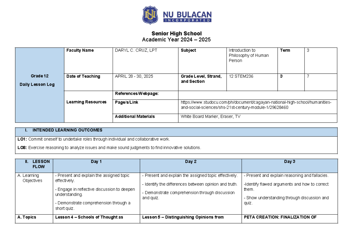 Grade 12 DLL-W7: Daily Lesson Log for Introduction to Philosophy - Studocu