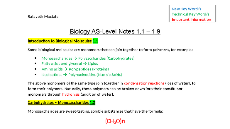 AS Level Biology Notes 1.1 - 1: Introduction to Biological Molecules ...