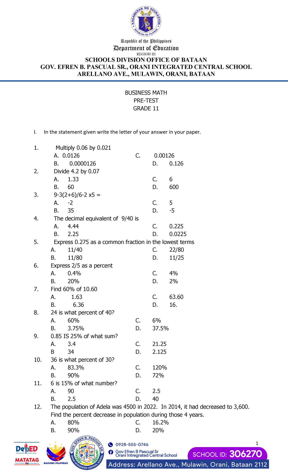 Business Math G11 - Pre-Test for Mastery of Concepts - Studocu