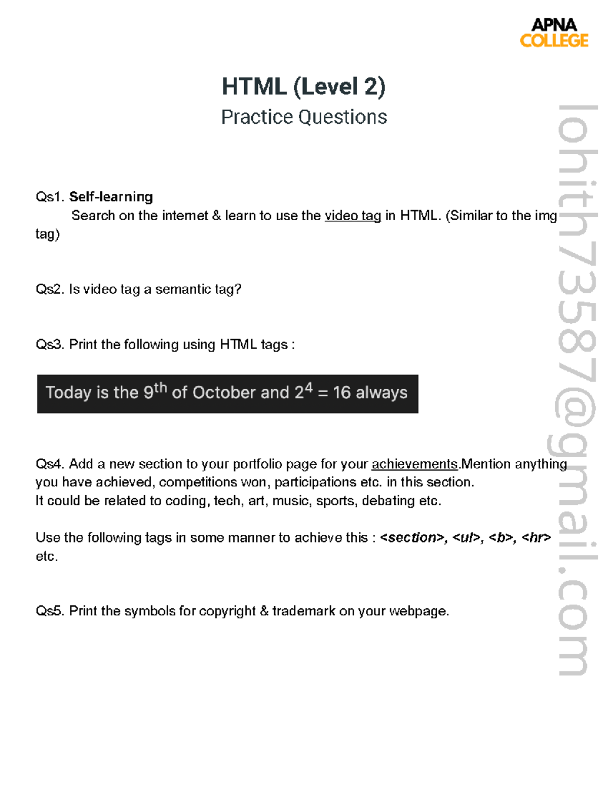 APNA COLLEGE HTML (Level 2) Assignment Questions and Practice - Studocu
