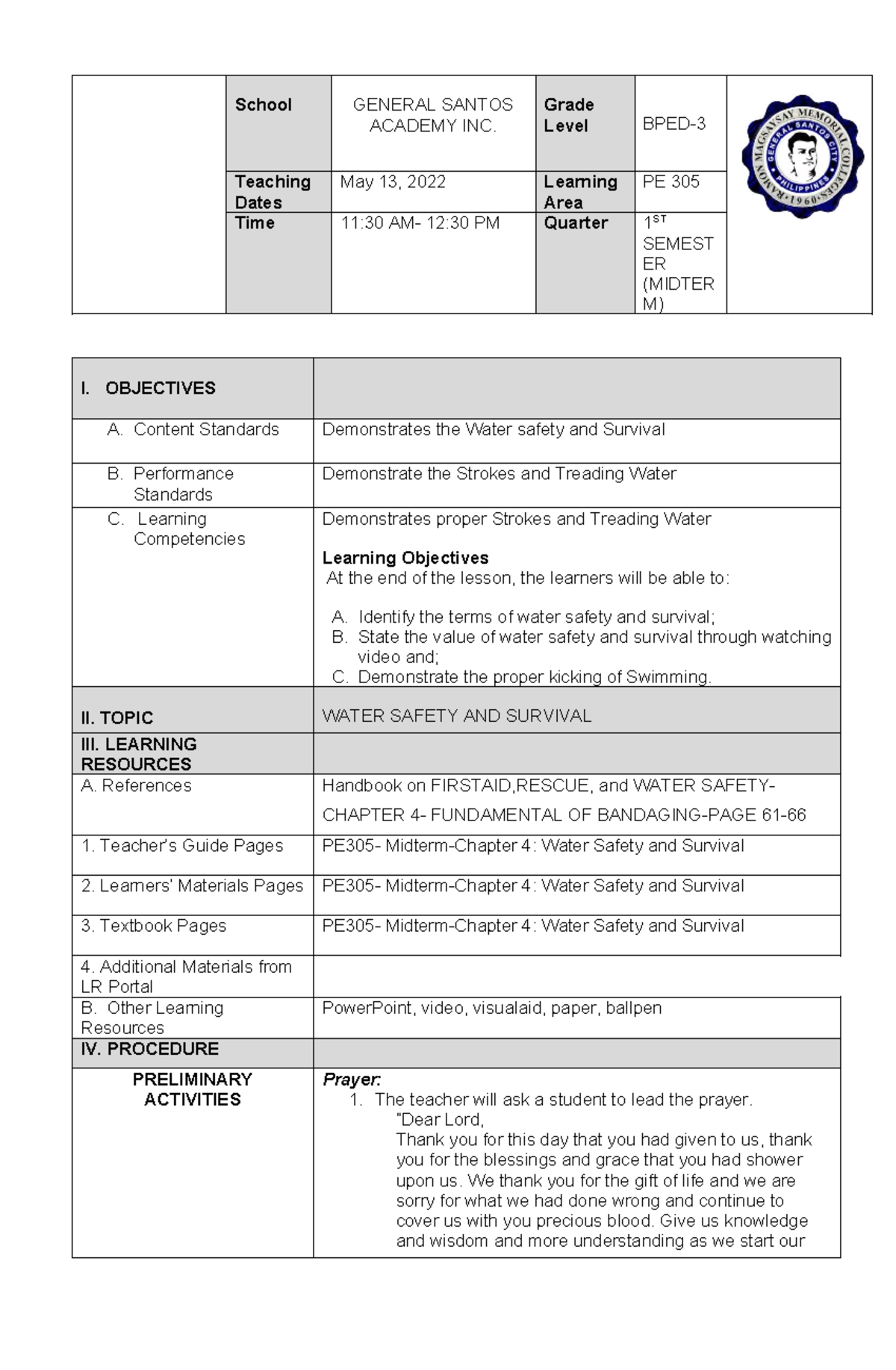 Physical education lesson plan: Water safety and survival (PE 305 ...