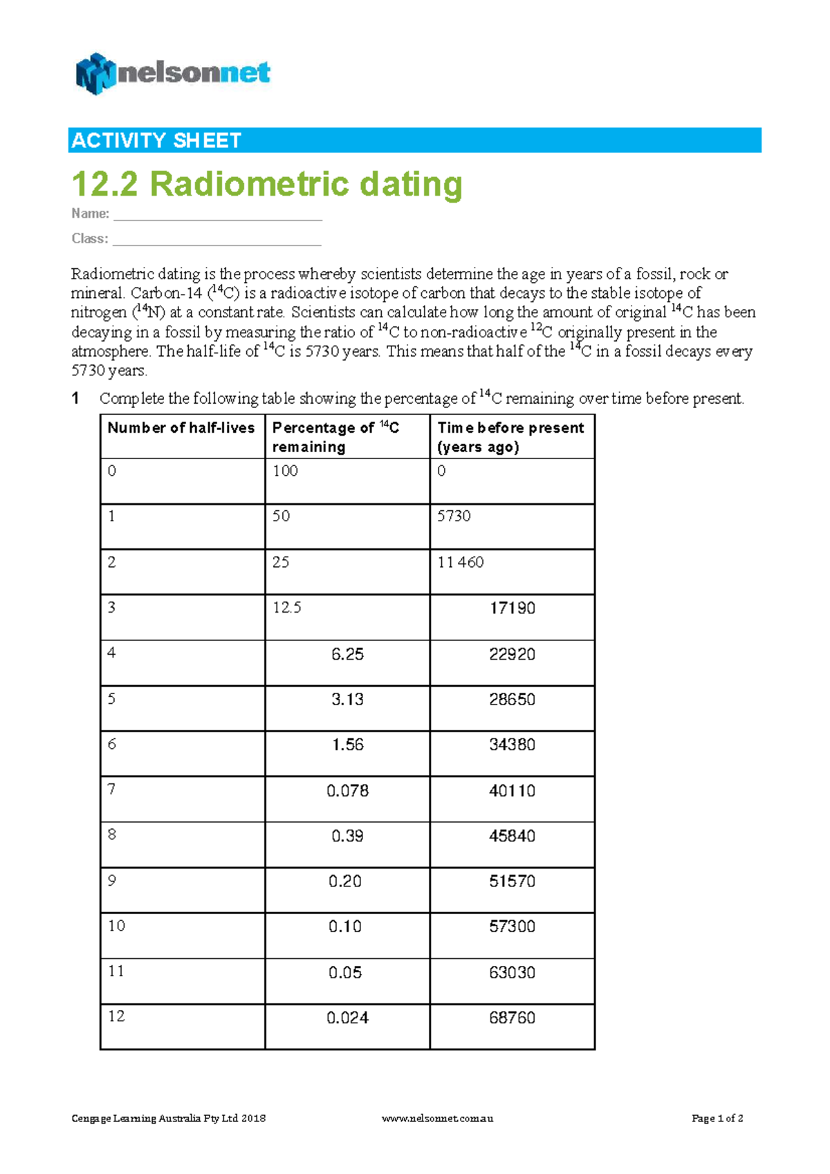 ACTIVITY SHEET 12.2: Radiometric Dating Analysis - Studocu