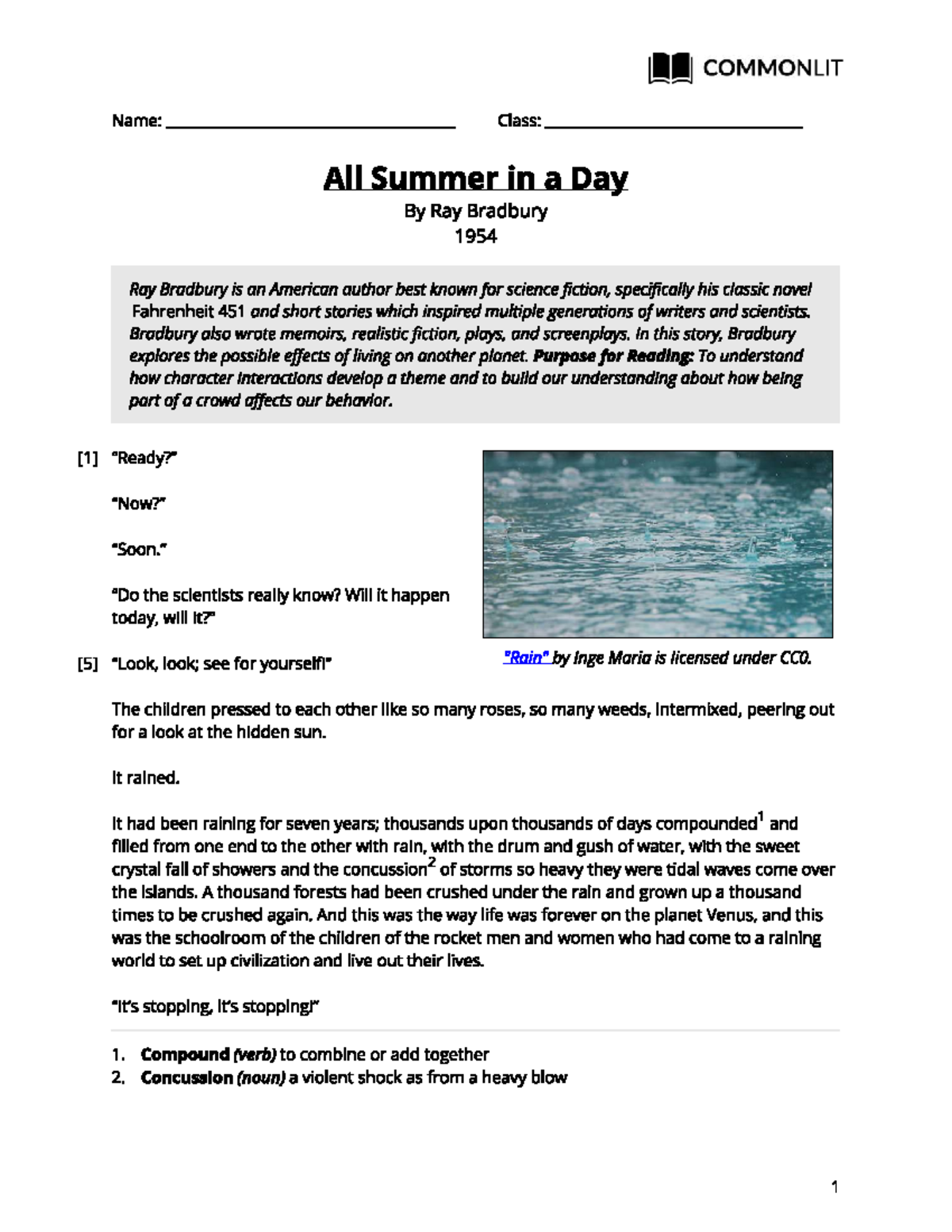 CommonLit: All Summer in a Day Analysis & Discussion Guide - Studocu