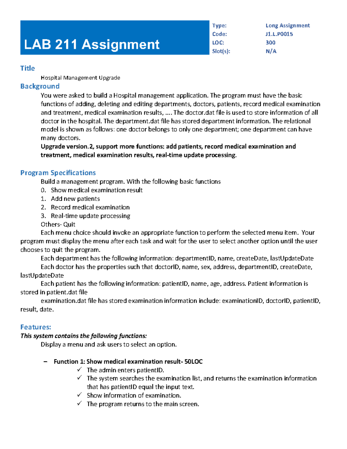 J1.L.P0015. Hospital Management -300LOC Upgrade - LAB 211 Assignment ...